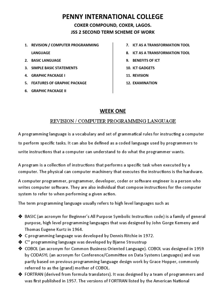 Computer Jss 2 2nd Term Note | PDF | Computer Program | Programming