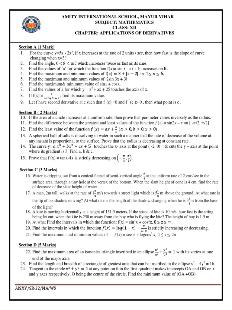 Amity International School, Mayur Vihar Subject: Mathematics Class: Xii Chapter: Applications of ...