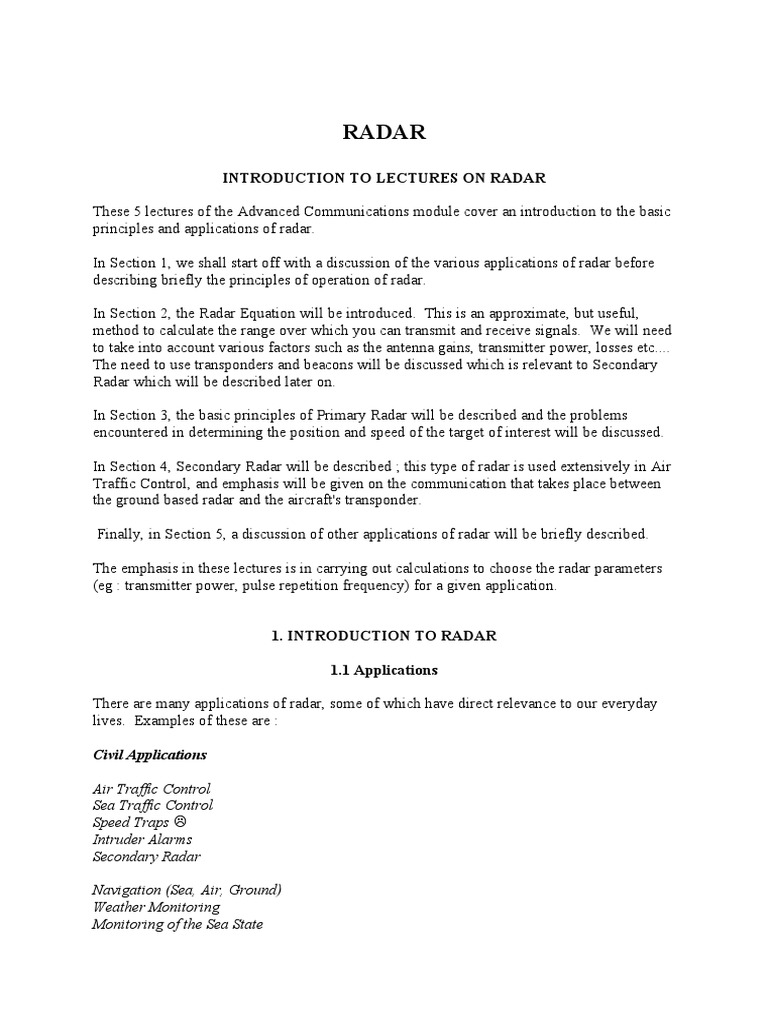 (Radar) Lecture Notes | PDF | Radar | Antenna (Radio)
