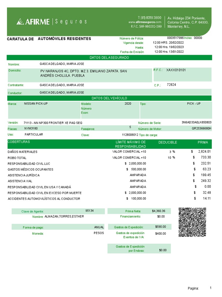 Afirme - Renovacion - Maria Jose Gasca Delgado - 0003517996 | PDF ...