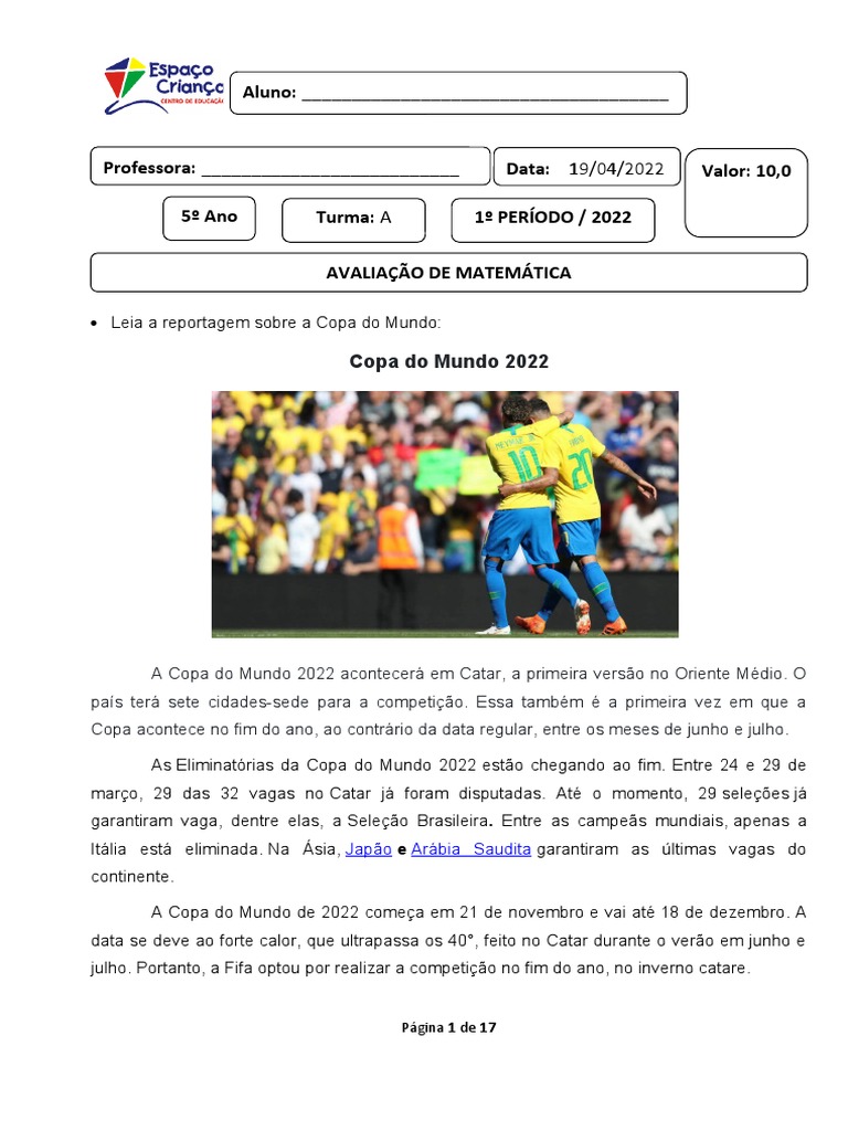 Avaliação de Matemática sobre a Copa do Mundo de 2022 | PDF | Copa do ...