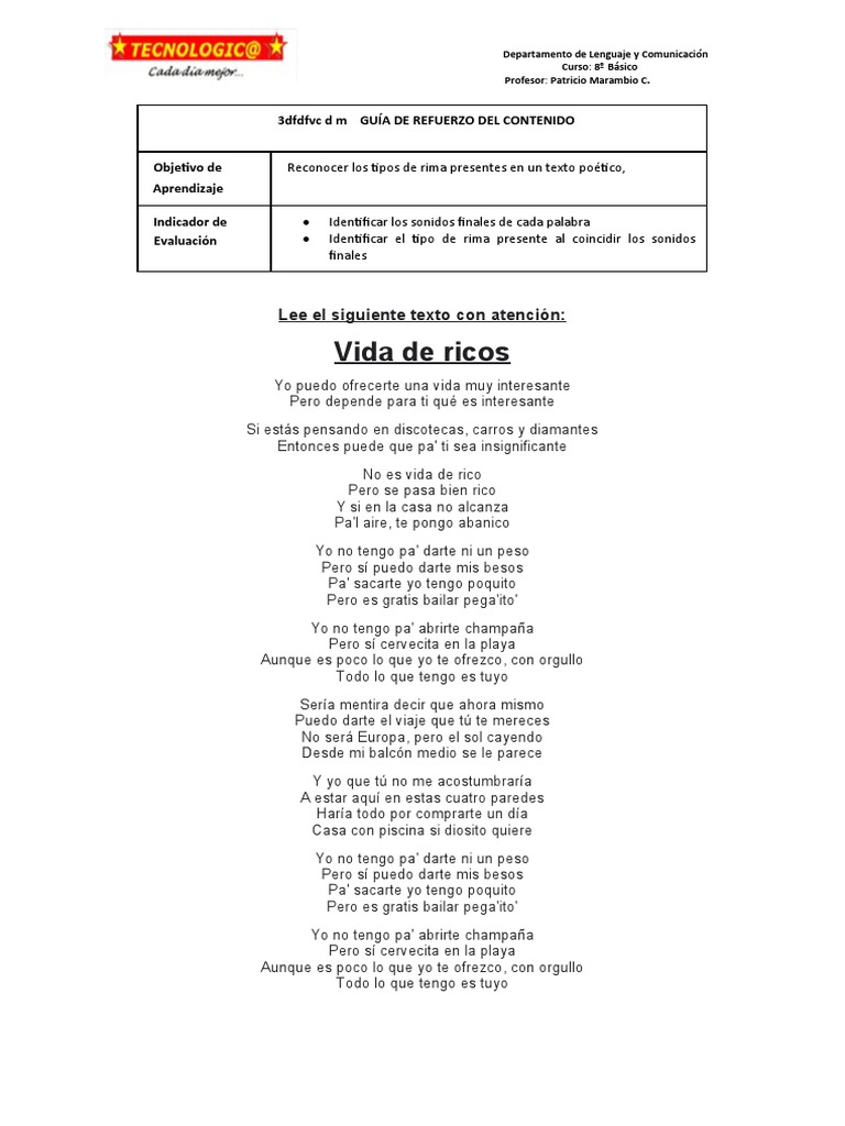Guía3 de Tipos de Rimas +canción 8b | PDF