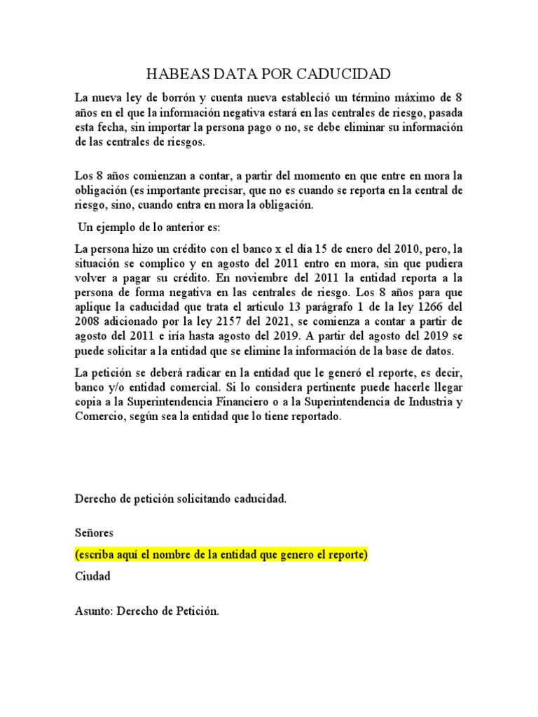 Minuta Habeas Data Por Caducidad | PDF | Petición | Gobierno