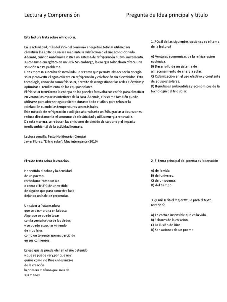 Comprensión Lectora - Idea Principal-SR | PDF | Energía solar | Ecuador