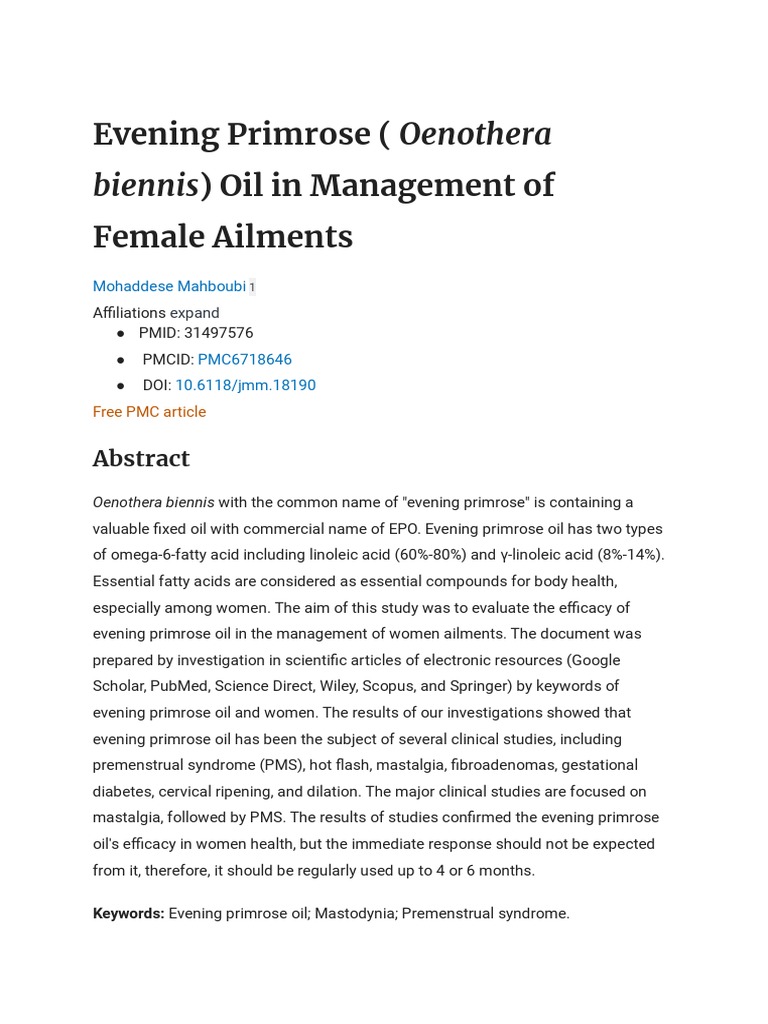 Evening Primrose (Oenothera Biennis) Oil in Management of Female ...