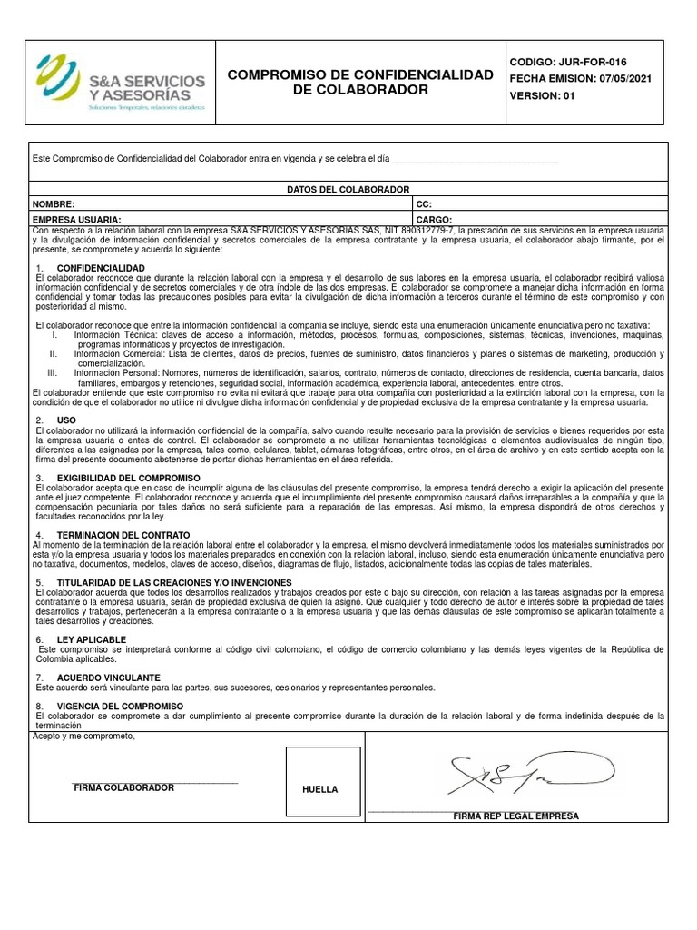 Jur-For-016 Compromconfidcolaborad Syav.012021 | PDF | Business