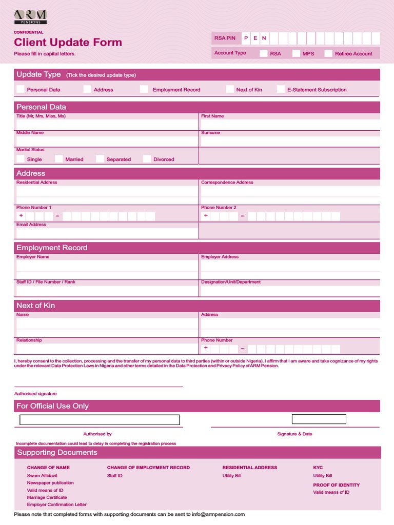 ARM Pension Client Update Form | PDF | Social Institutions | Privacy