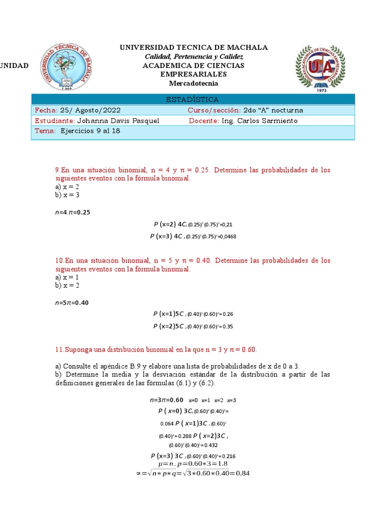 Ejercicios 9 Al 18 Estadística - Joha | PDF | Probabilidad | Probabilidades y estadísticas