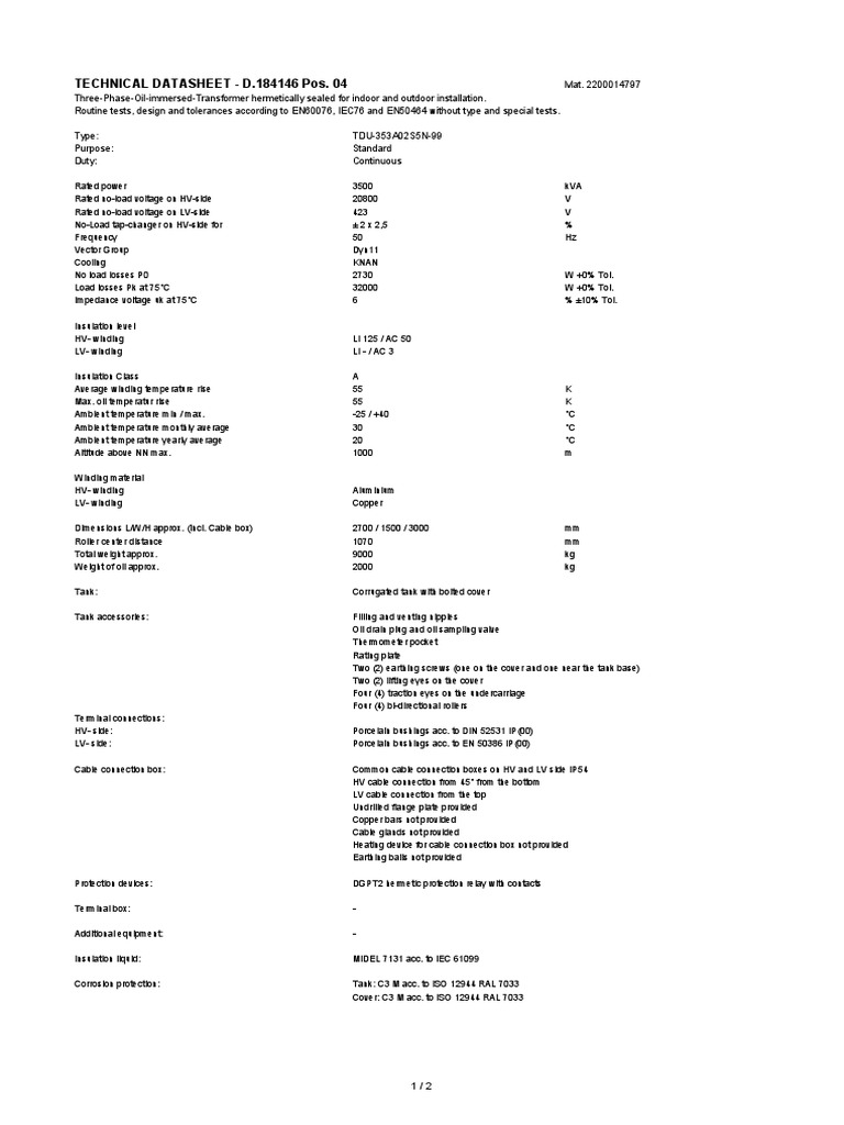 Example 3500 - 1600kVA Oil TX-Liquid Distribution Transformer Data ...