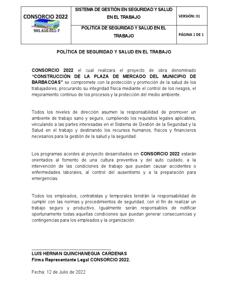 Política de Seguridad y Salud en El Trabajo | PDF
