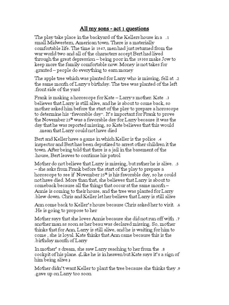 All My Sons - Questions of Act 1 | PDF | Sports & Recreation | Classics