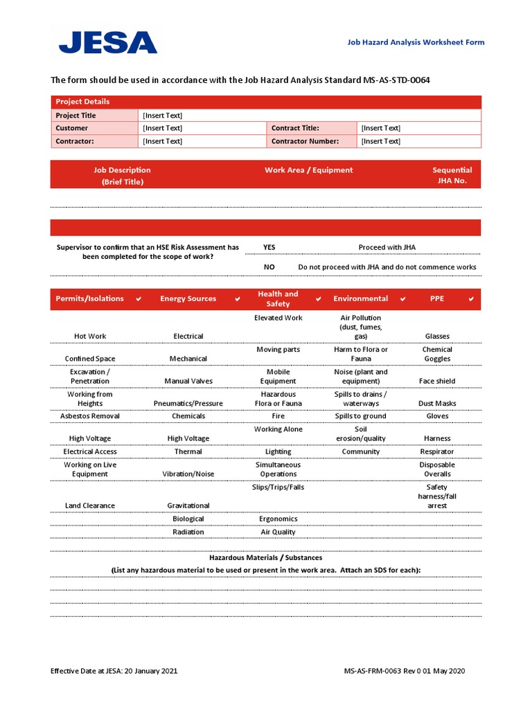 MS-As-FRM-0063 Job Hazard Analysis Worksheet Form | PDF | Personal ...
