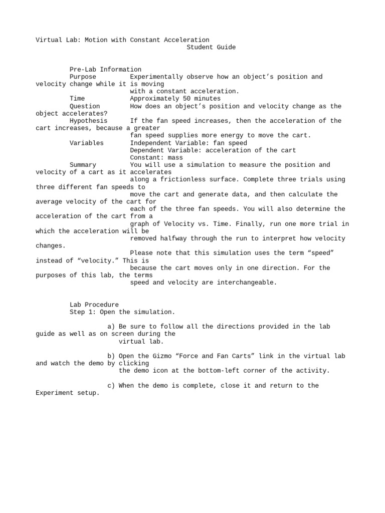 Virtual Lab Guide Motion With Constant Acceleration Student Guide | PDF | Velocity | Acceleration