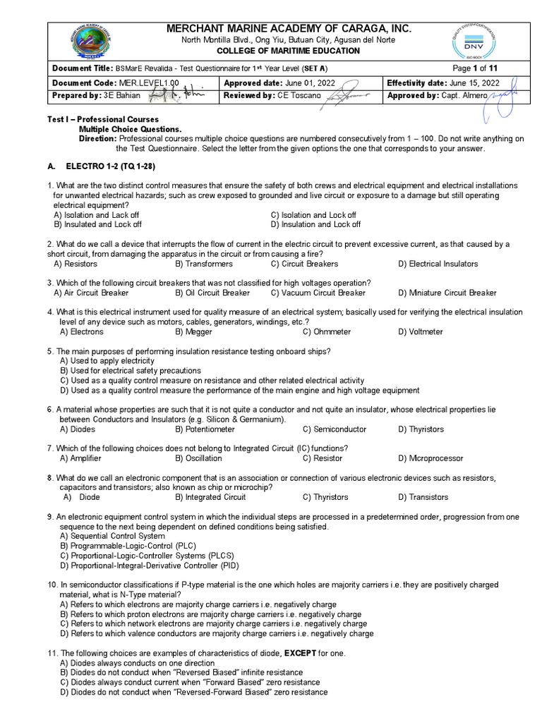 BSMarE 1st Yr Level - REVALIDA SET A | PDF | Torque | Buoyancy