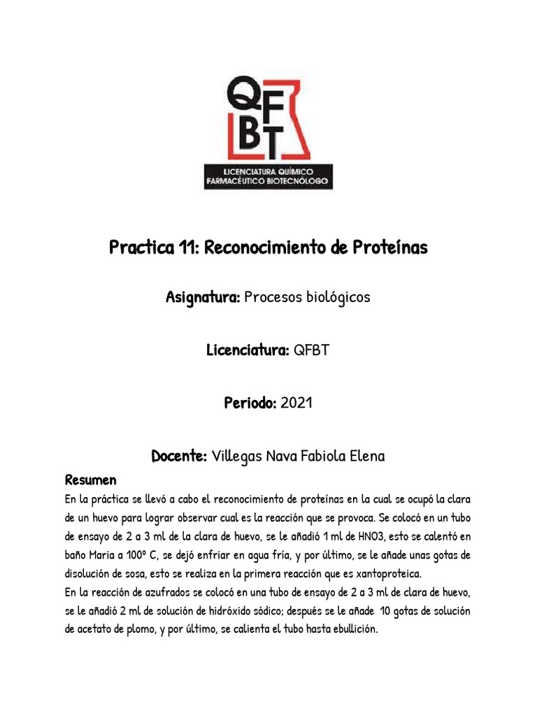 Practica 11 - Reconocimiento de Proteínas | PDF | Proteínas | Hidróxido de sodio