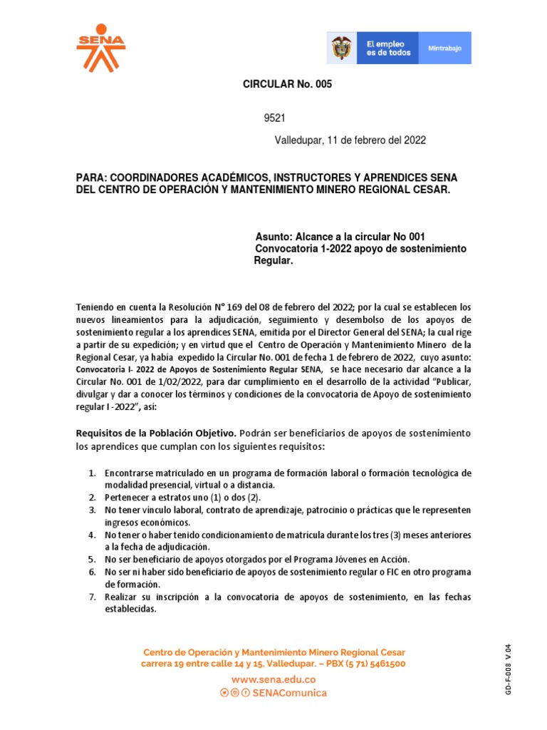 Circular No. 005 Alcance Circular No. 001 Convocatoria I Regular-Centro | PDF