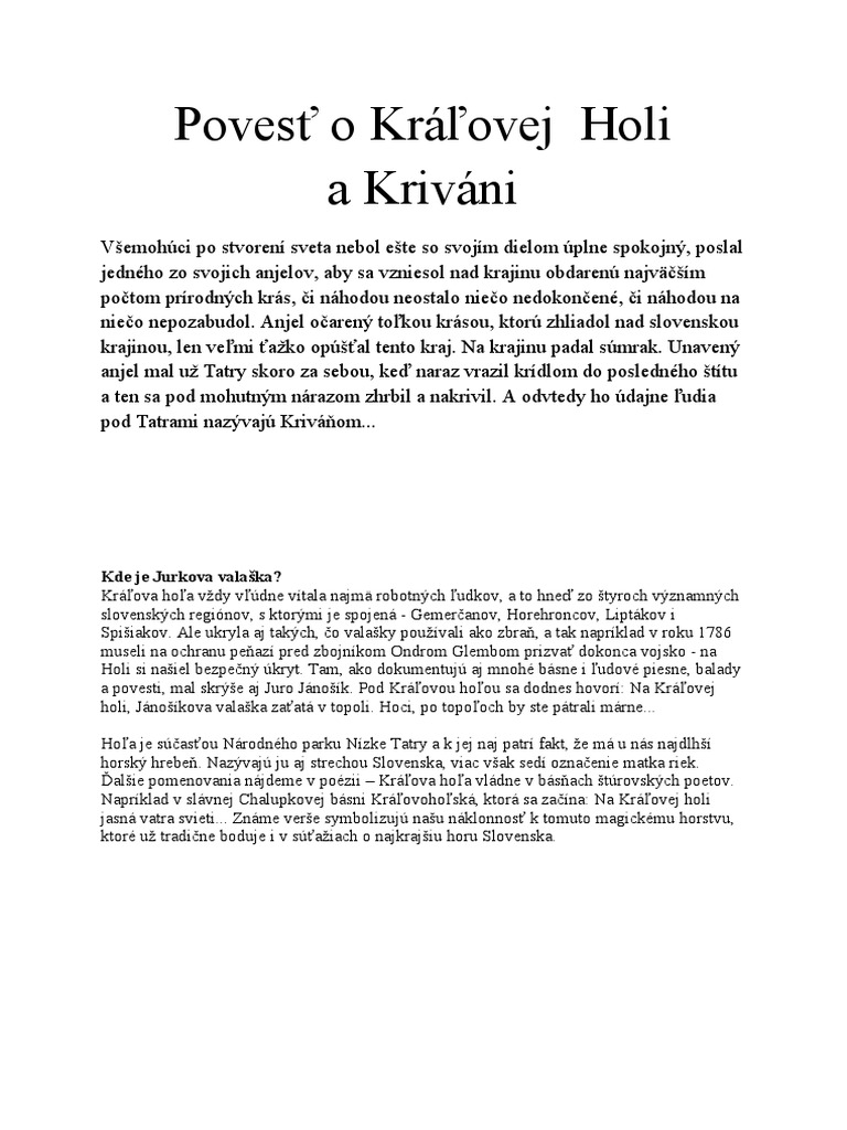 Povesť o Kráľovej Holi A Kriváni | PDF