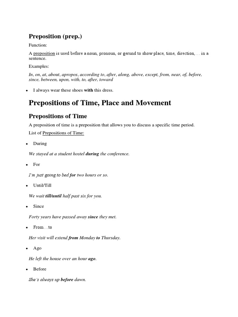 Prepositions Of Time Place And Movement Preposition Prep Pdf
