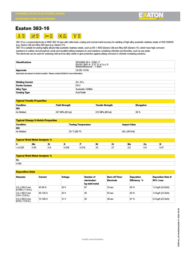 Exaton 383-16 Electrode Specifications | PDF | Stainless Steel ...