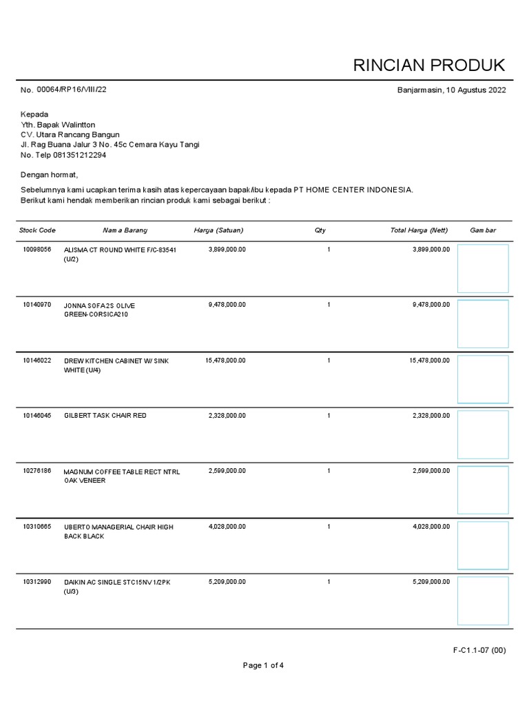 Rincian Produk: Stock Code Nama Barang Harga (Satuan) Qty Total Harga ...