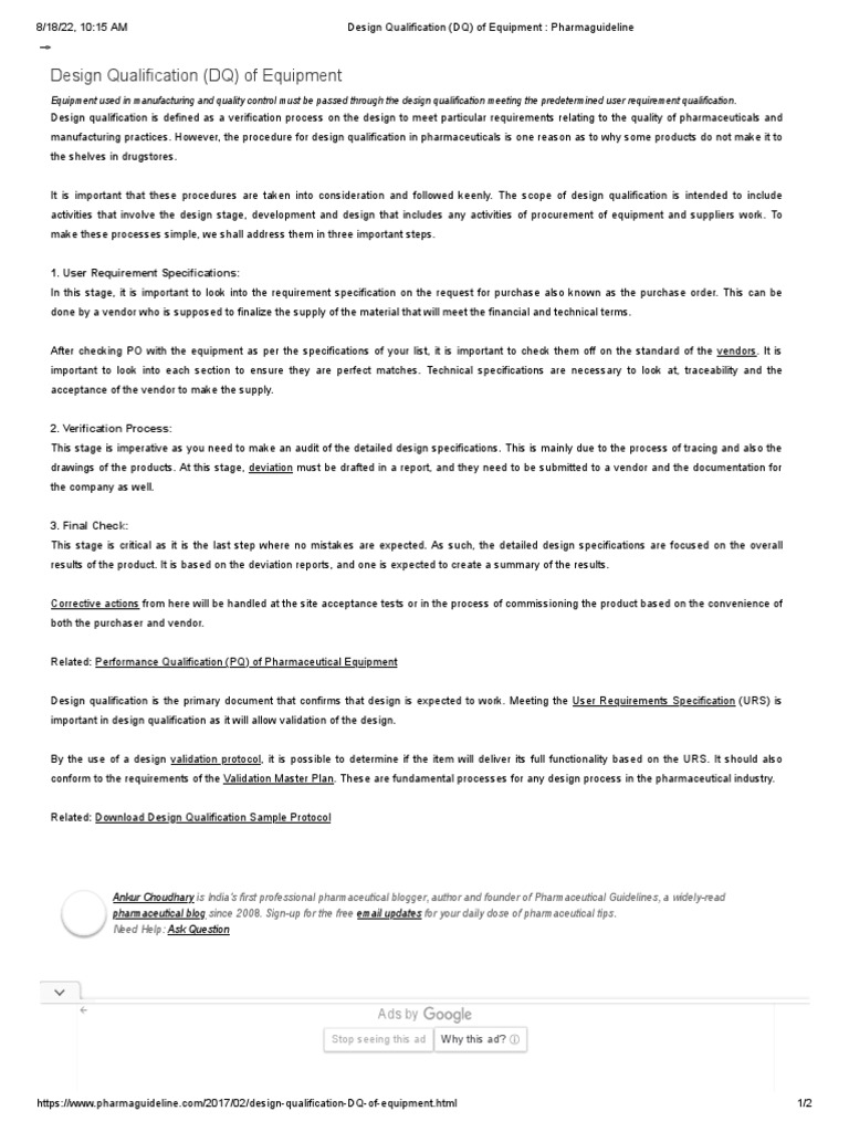 Design Qualification (DQ) of Equipment - Pharmaguideline | PDF | Verification And Validation ...