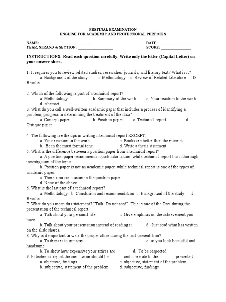 INSTRUCTIONS: Read Each Question Carefully. Write Only The Letter (Capital Letter) On Your ...