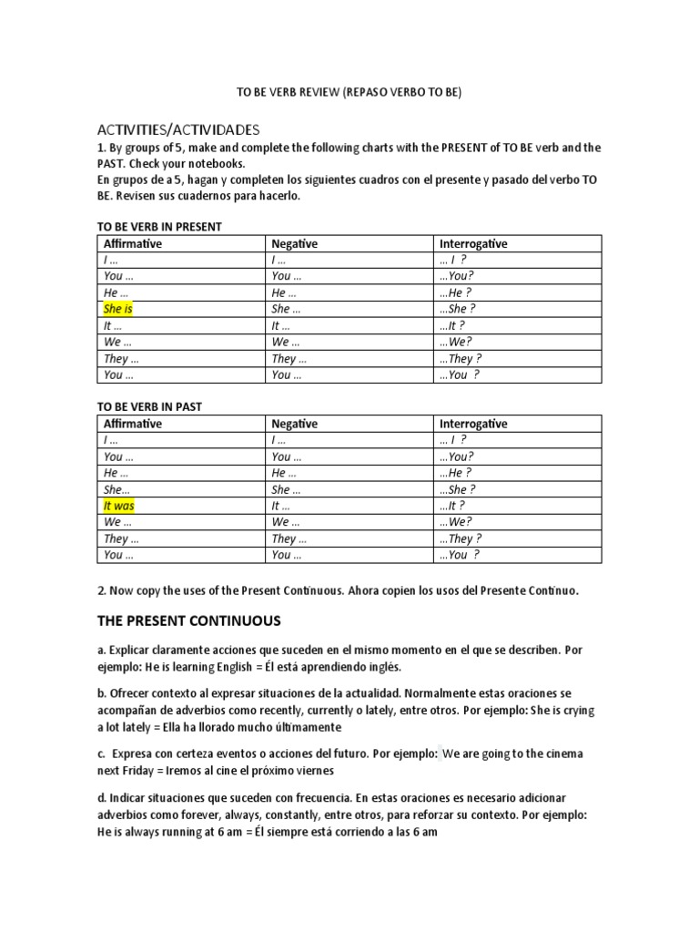 To Be Verb Review and Present Continuous | PDF