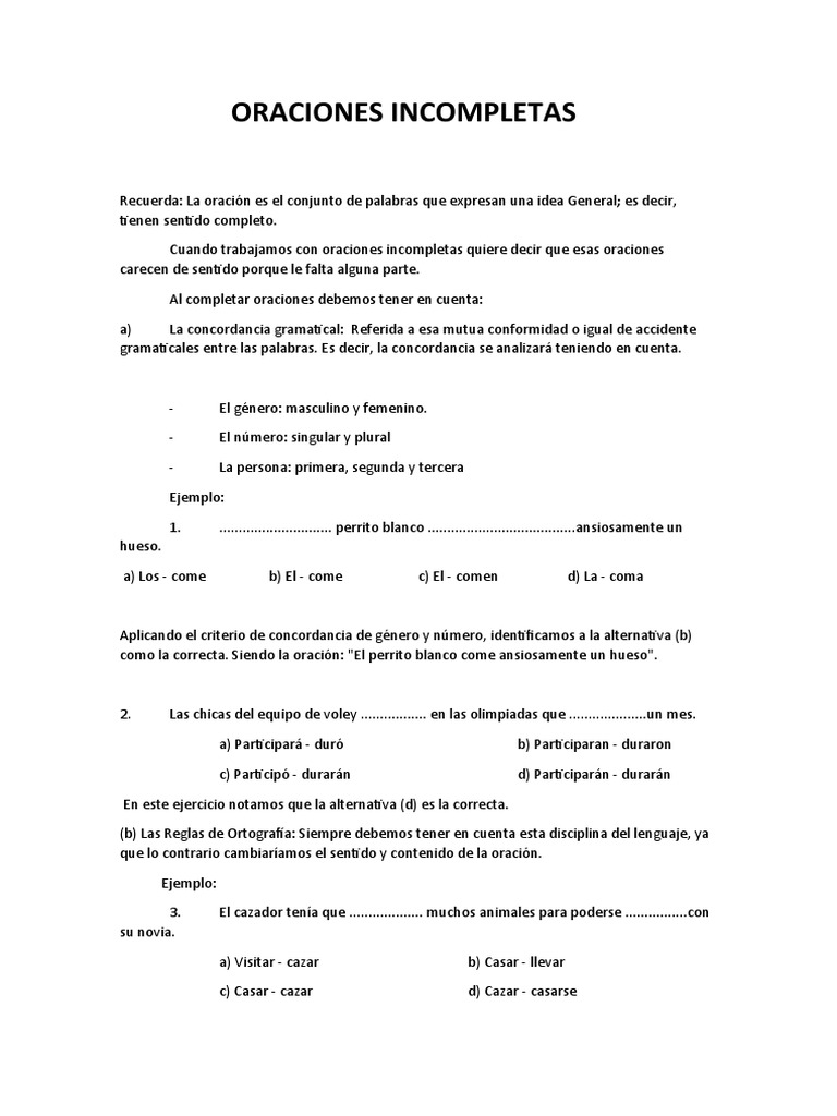 3P Oraciones Incompletas | PDF | Género gramatical | Numero Gramatical