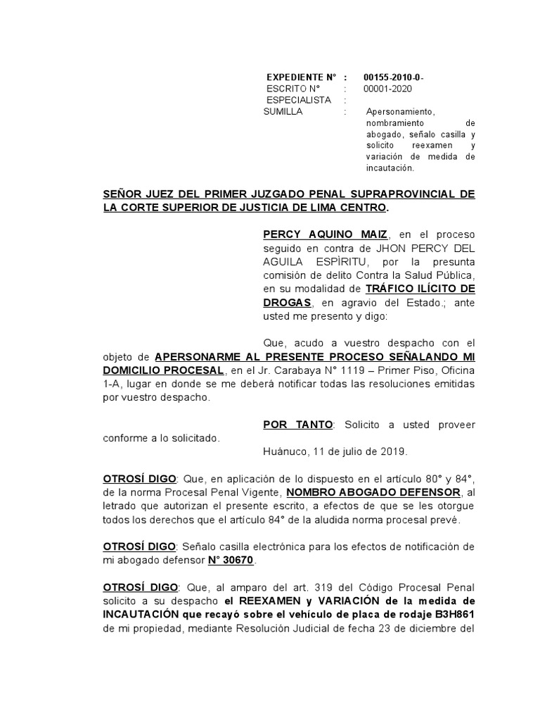 Escrito de Devolucion de Vehiculo | PDF | Derecho penal | Ley procesal