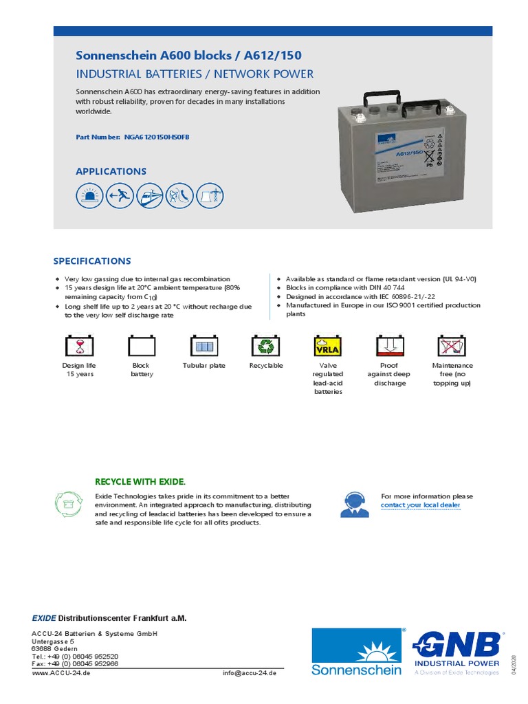 Sonnenschein A600 Blocks / A612/150: Industrial Batteries / Network ...