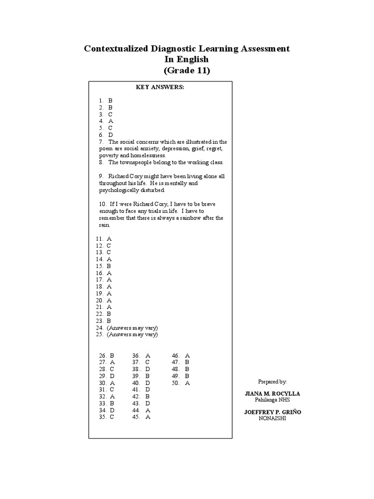 CLA English Diagnostic Grade 11 Key Answers | PDF