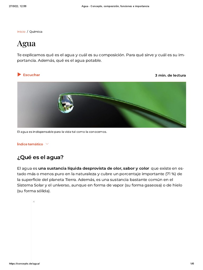 Agua - Concepto, Composición, Funciones e Importancia | PDF | Agua ...