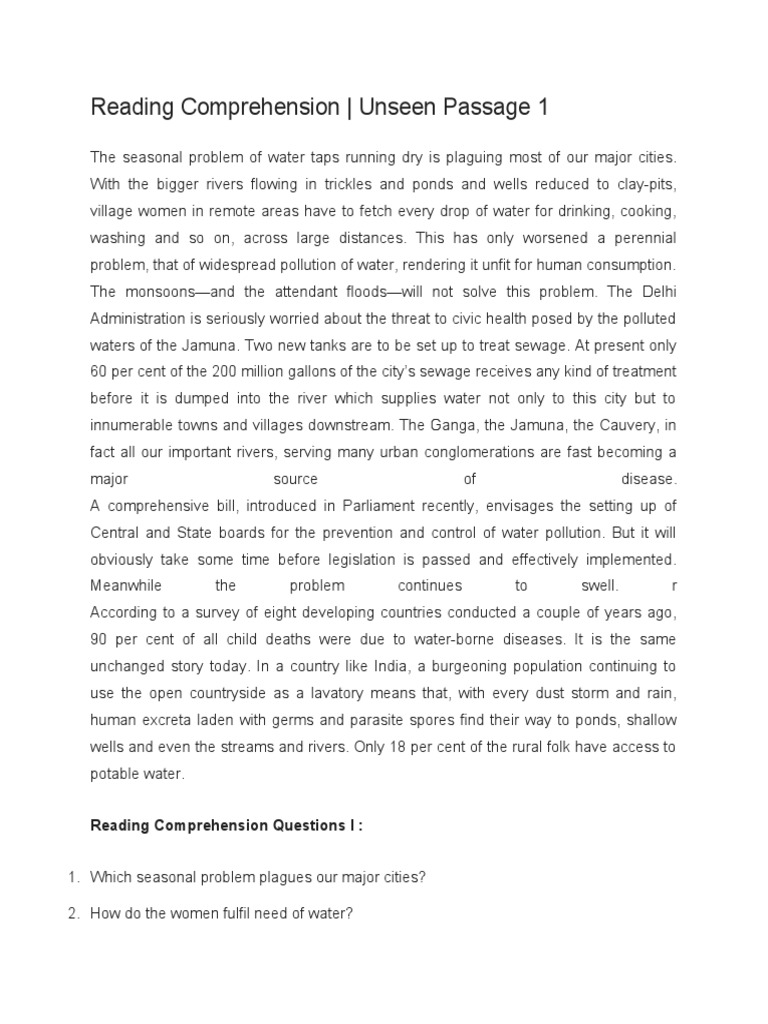 Reading Comprehension - Unseen Passage 1 | PDF | Water Pollution | Water