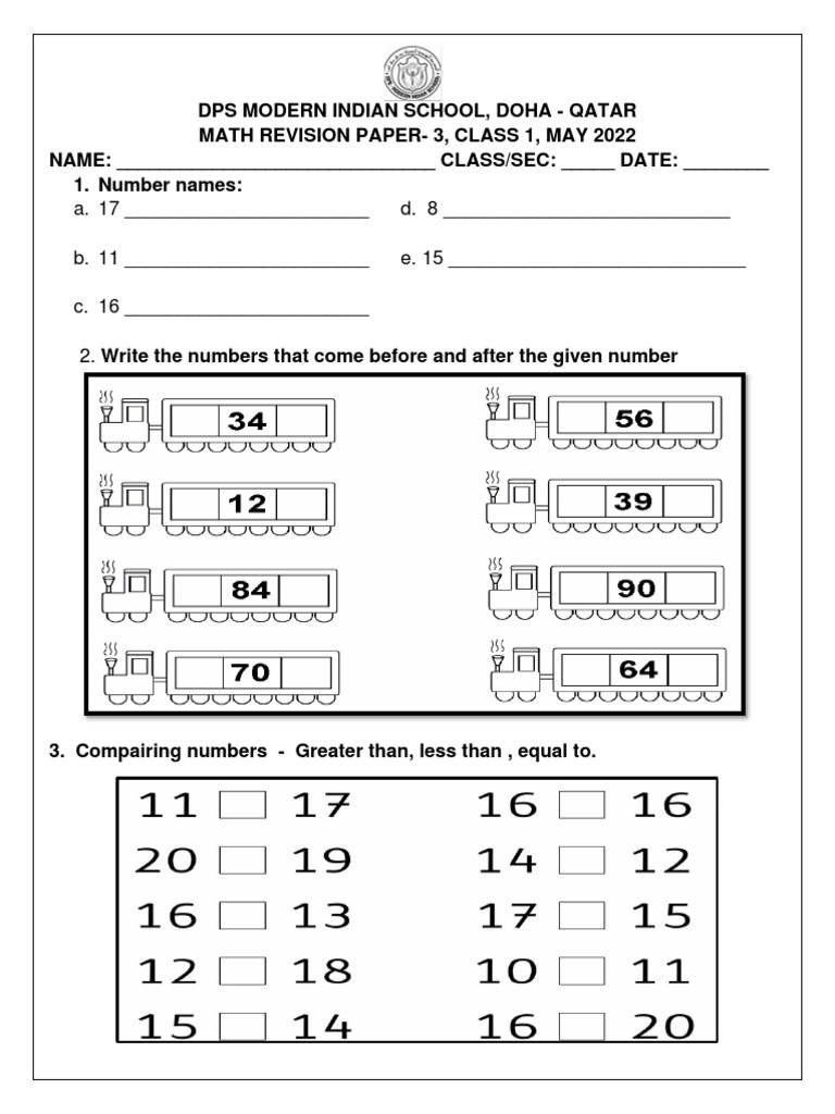 Dps Modern Indian School, Doha - Qatar Math Revision Paper-3, Class 1 ...