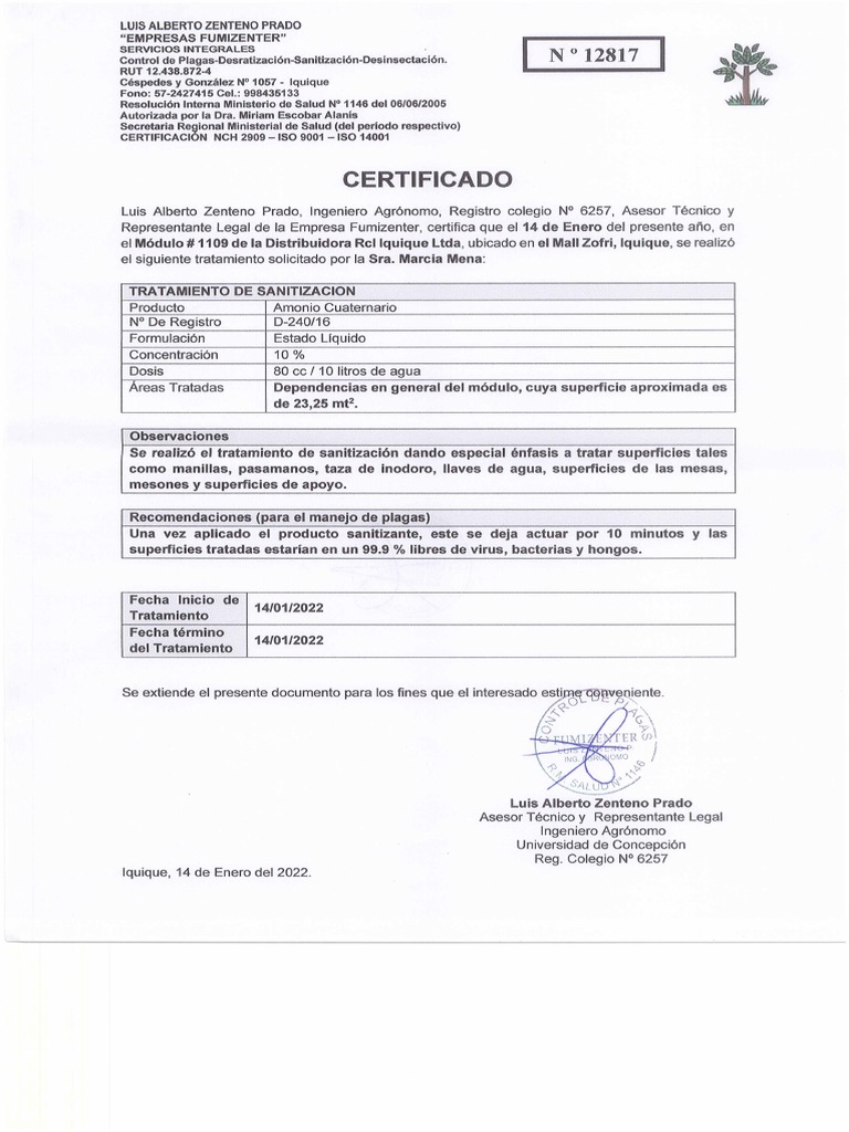 Certificado #12817 Sanitizacion | PDF