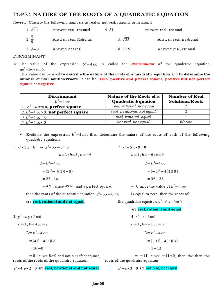 Topic: Nature of The Roots of A Quadratic Equation | PDF | Quadratic ...