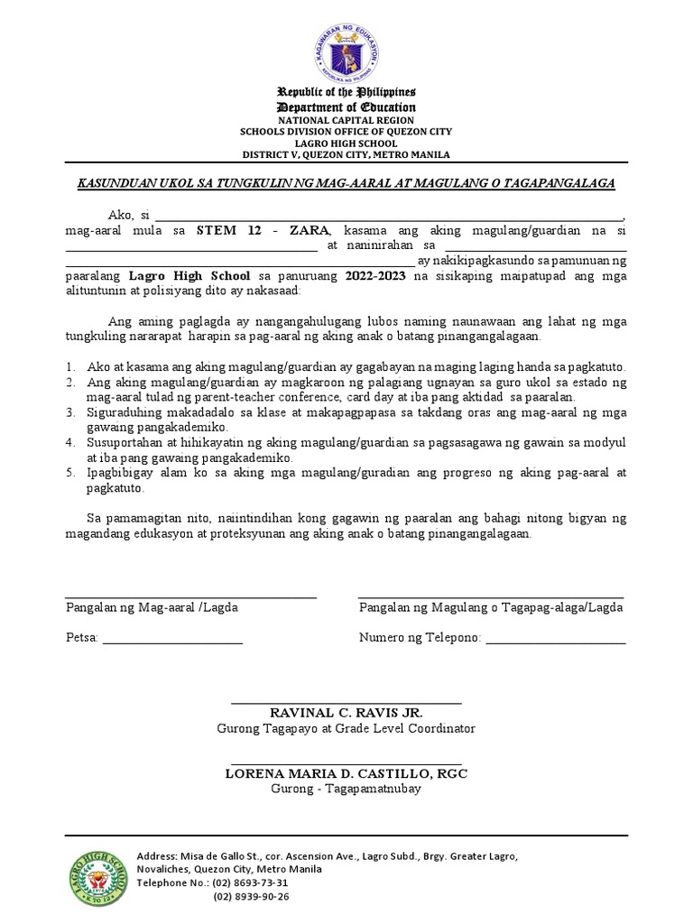Kasunduan Ukol Sa Tungkulin NG Mag Aaral at Magulang o Tagapangalaga | PDF