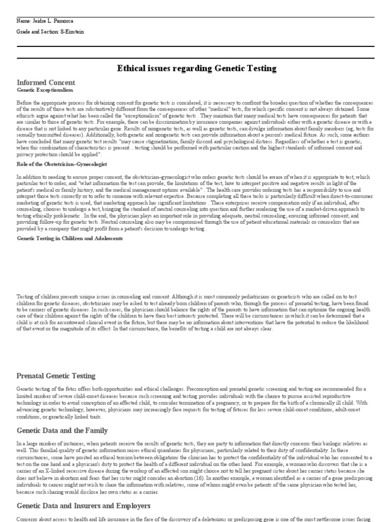 Ethical Issues in Genetic Testing | PDF | Genetic Testing | Informed ...