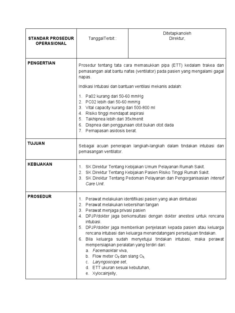SOP Intubasi Dan Ventilasi Mekanik | PDF