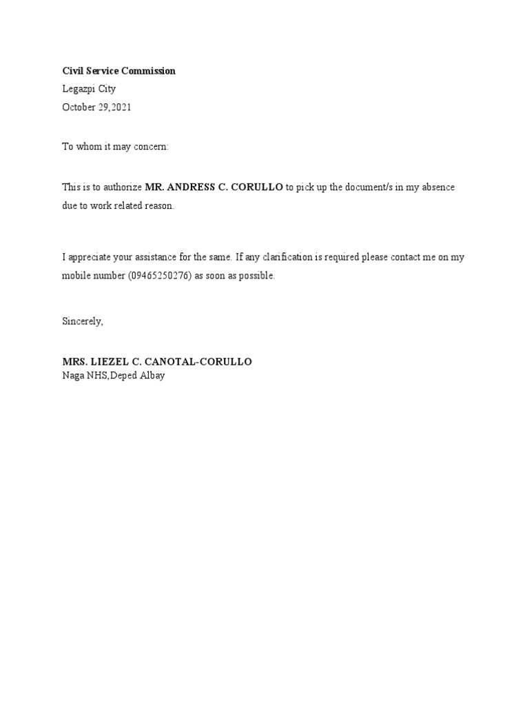 Civil Service Commission Authorization Letter | PDF