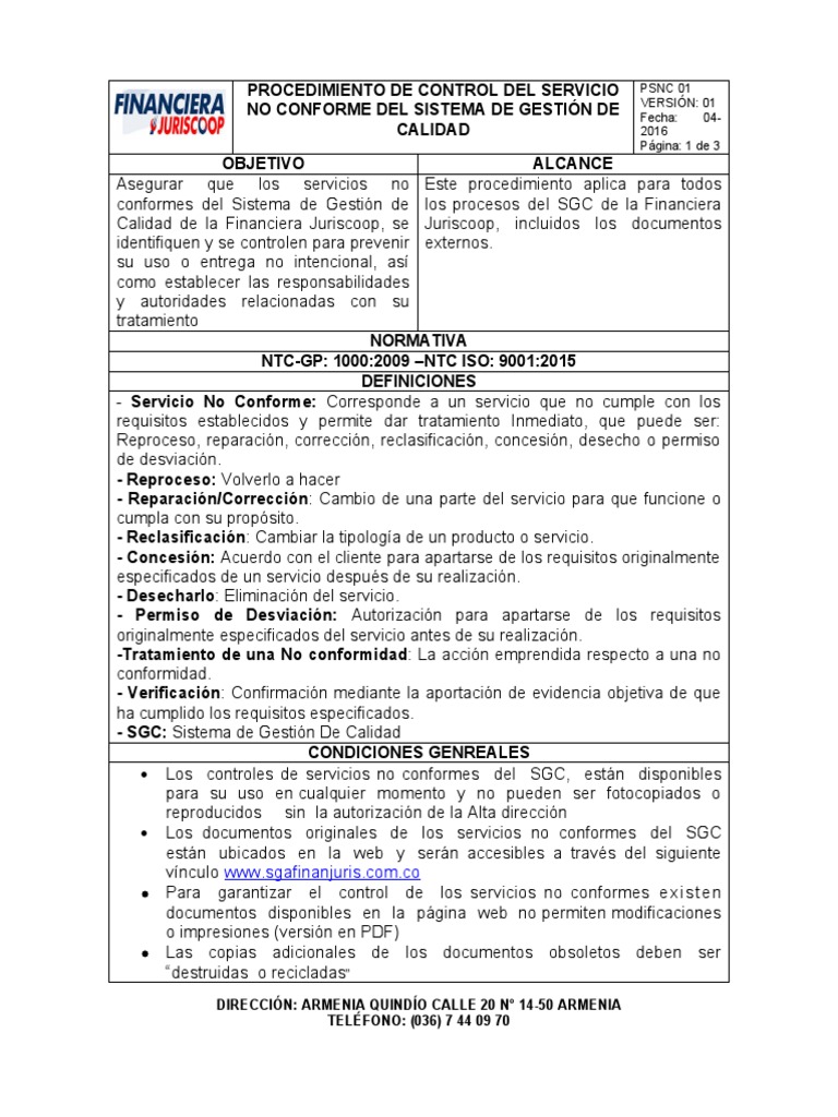 Procedimiento Control de Servicio No Conforme | PDF | Calidad (comercial) | Sistema de manejo de ...