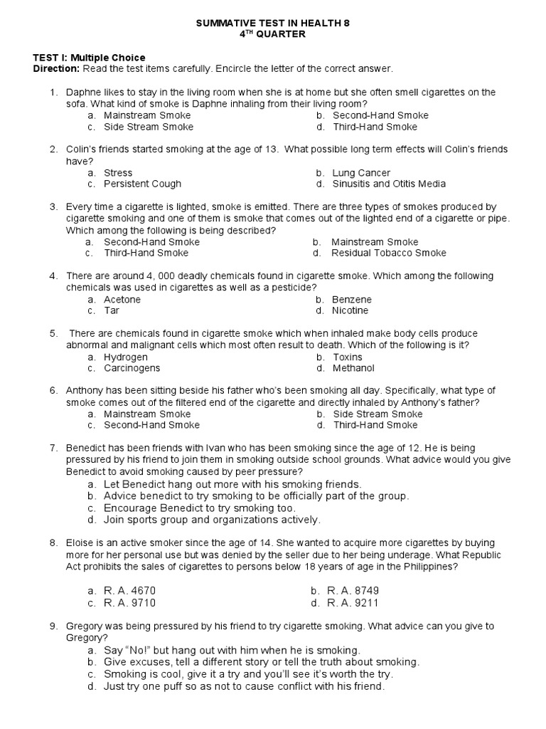 Summative Test in Health 8 4 Quarter TEST I: Multiple Choice Direction ...