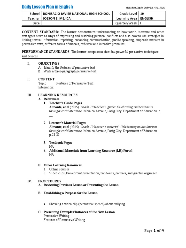 Identify The Features of Persuasive Text | PDF | Lesson Plan | Learning