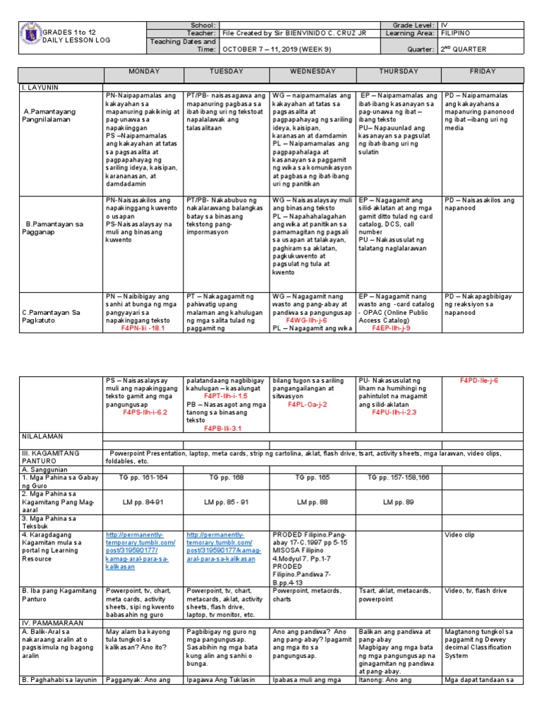 DLL - Filipino 4 - Q2 - W9 | PDF