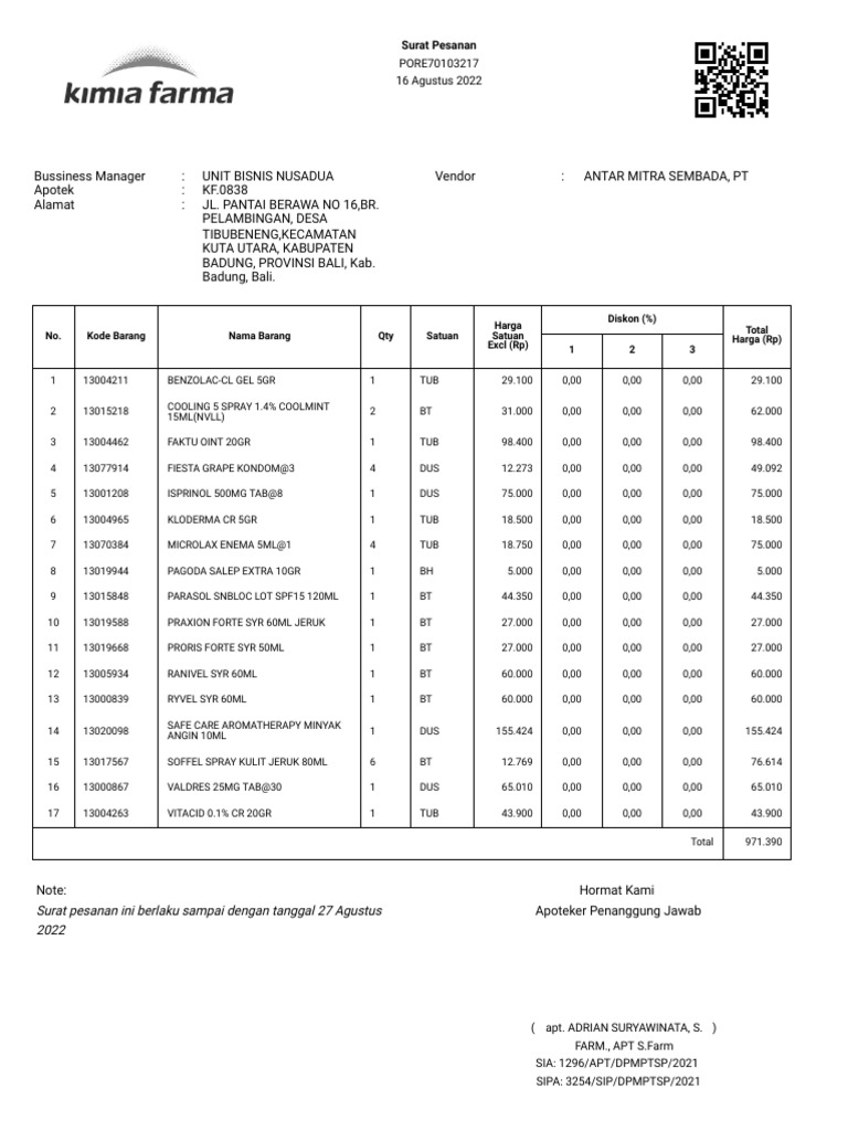 No. Kode Barang Nama Barang Qty Satuan Harga Satuan Excl (RP) Diskon ...