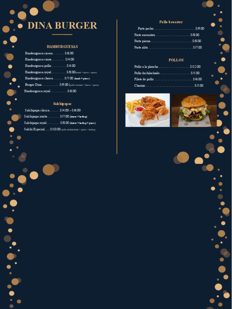 Menú de Hamburguesas y Pollo Dina | PDF | Cocina, comidas y vino