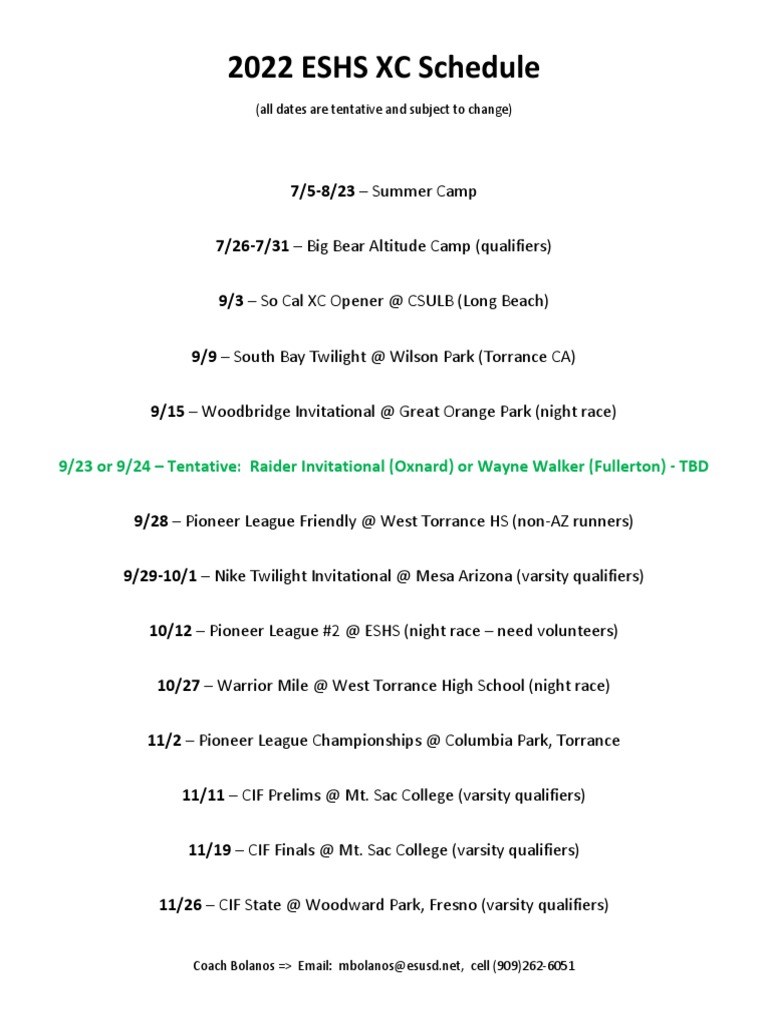 2022 Eshs XC Schedule | PDF
