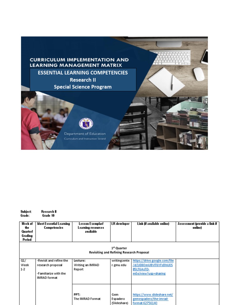 Essential Learning Competencies Research II Special Science Program ...