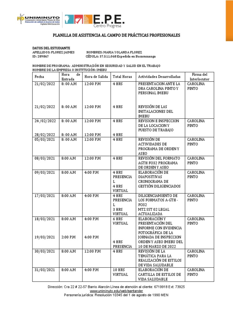 Planilla de Asistencia Al Campo de Práctica Profesional | PDF