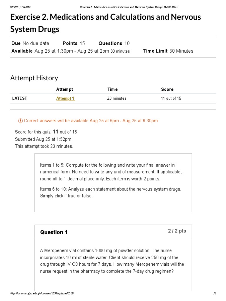 Exercise 2. Medications and Calculations and Nervous System Drugs N 106 ...